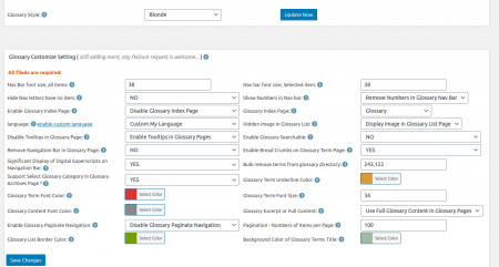glossary settings panel in wordpress tooltip glossary 13.8.4 | Wordpress Tooltips Plugin